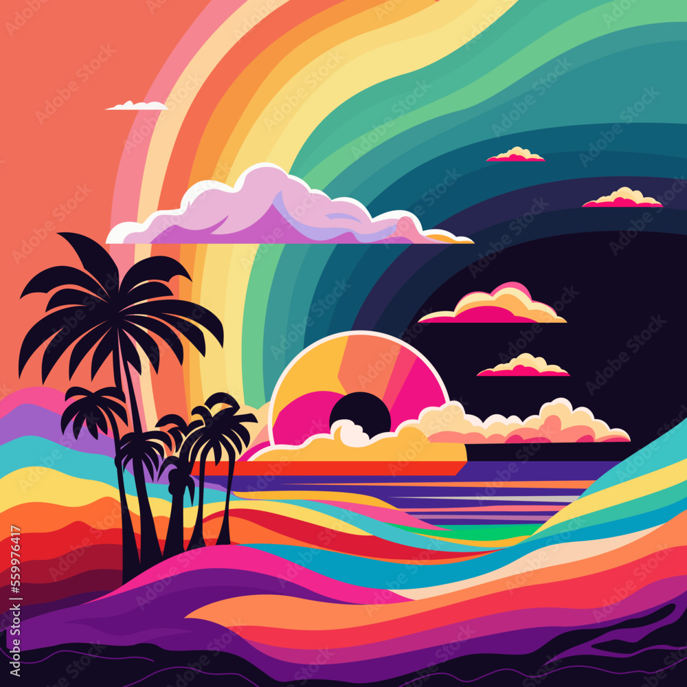 Beach with rainbow and palm tree art. Nature view in psychedelic art ...