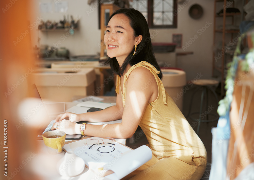 Business owner, Asian woman and thinking in workplace, smile and ...