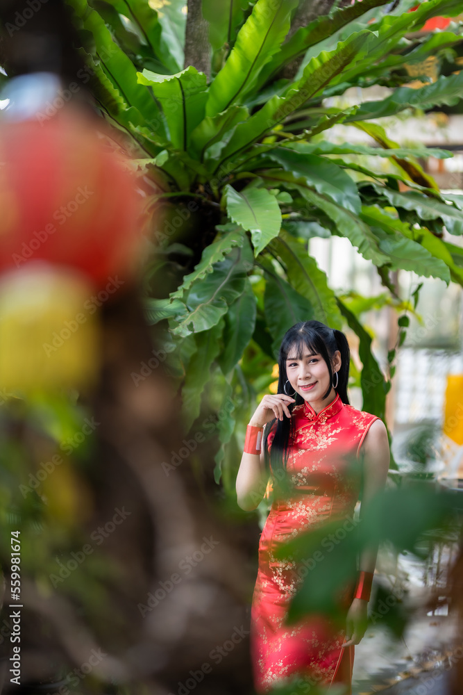 Portrait smiles Asian transgender woman wearing red cheongsam dress ...