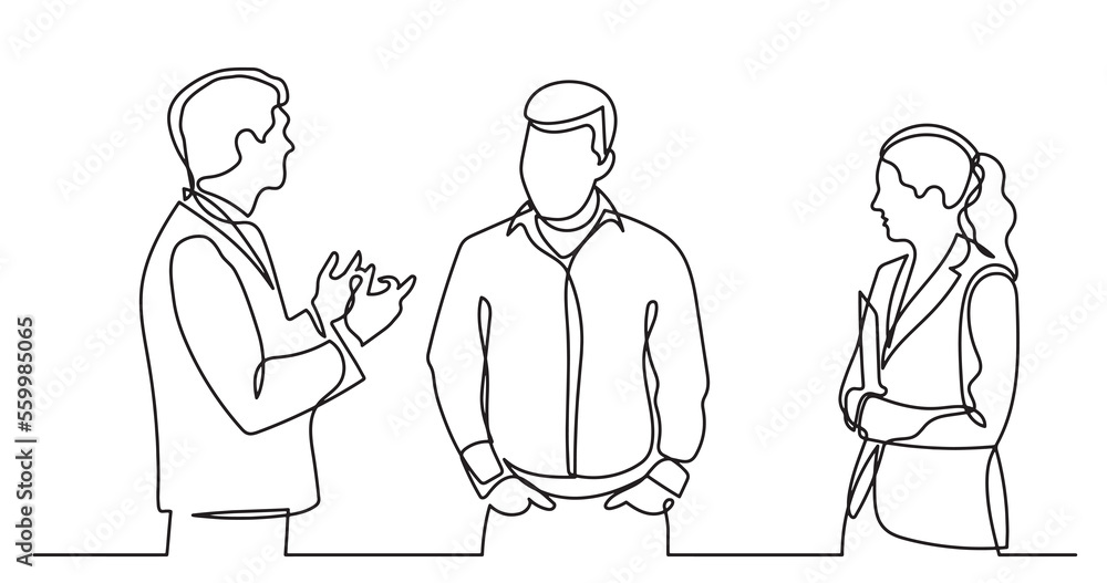 continuous line drawing of standing business people talking - PNG image ...