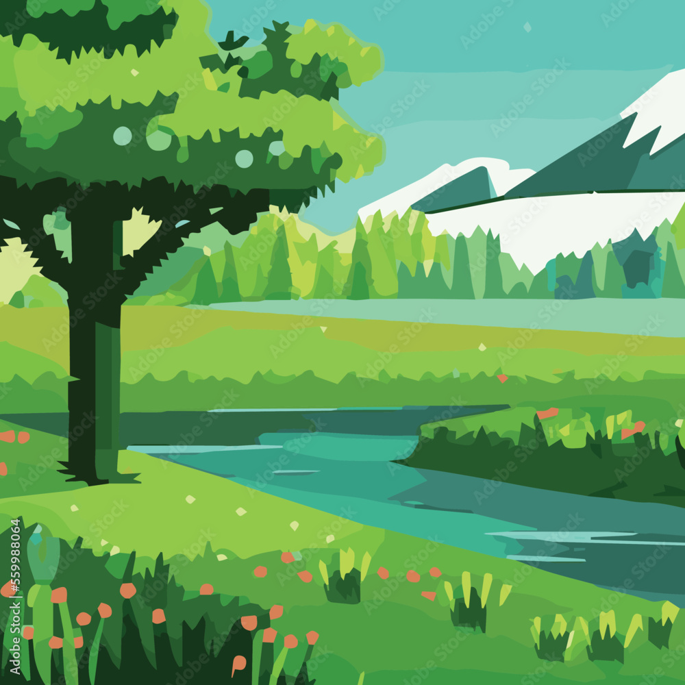 Spring landscape with forests, river, mountain, sun, blue sky and ...