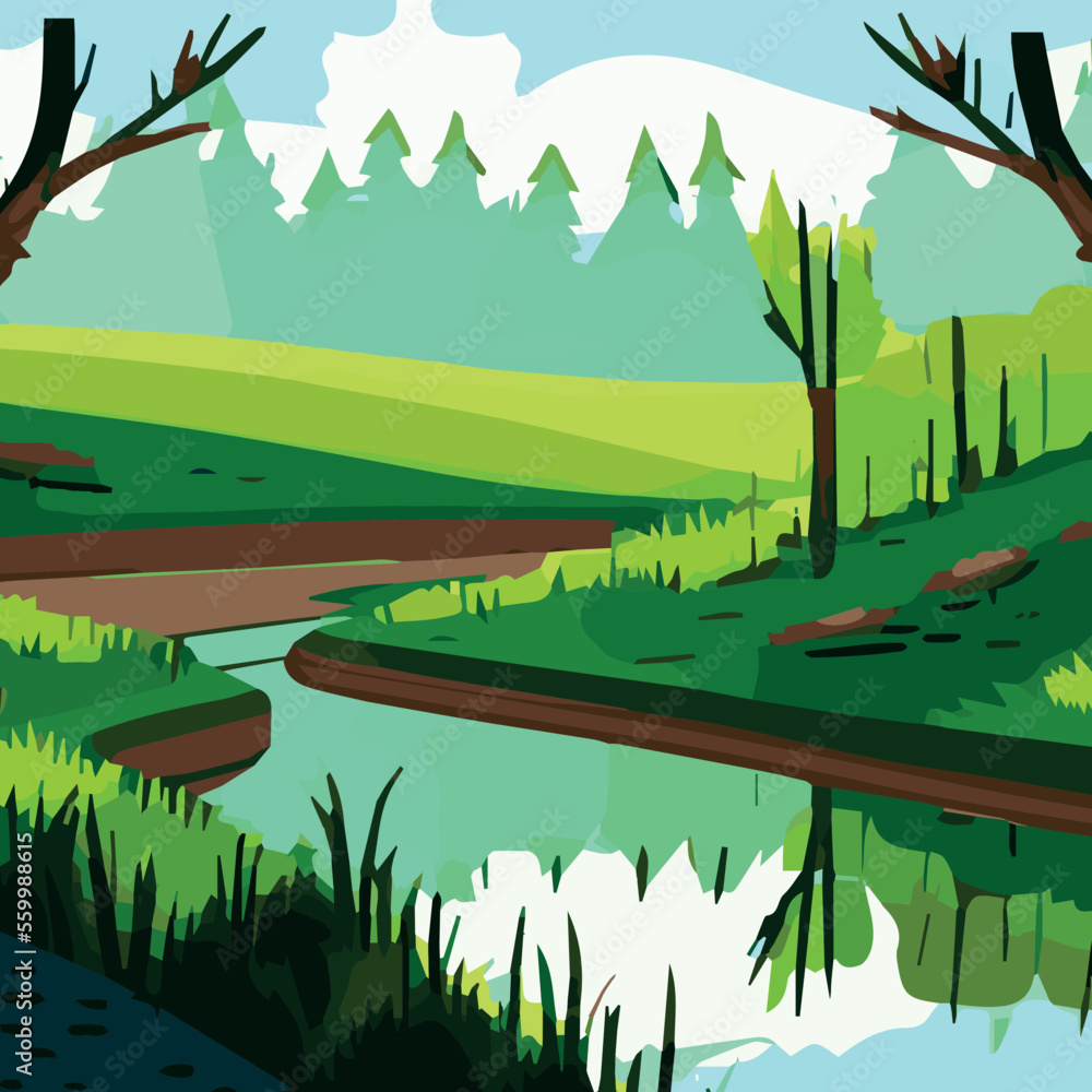 Spring landscape with forests, river, mountain, sun, blue sky and ...