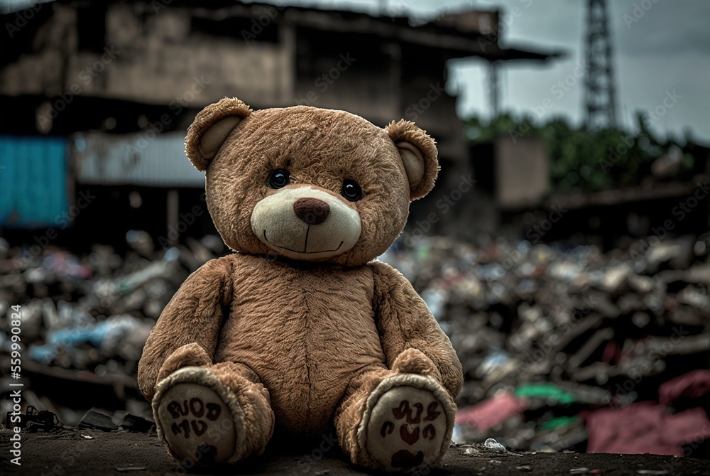 Homeless teddy bear in dirty city slums alone and emotionally sad ...