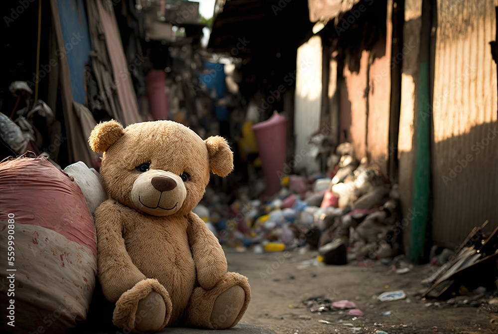 Homeless teddy bear in dirty city slums alone and emotionally sad ...