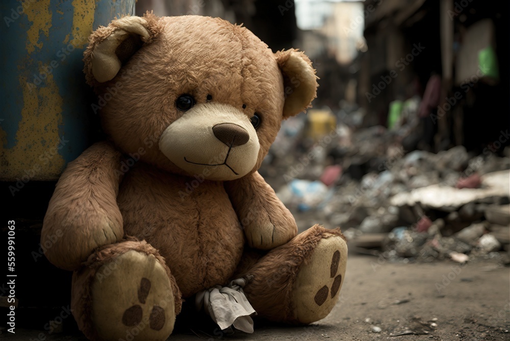 Homeless teddy bear in dirty city slums alone and emotionally sad ...
