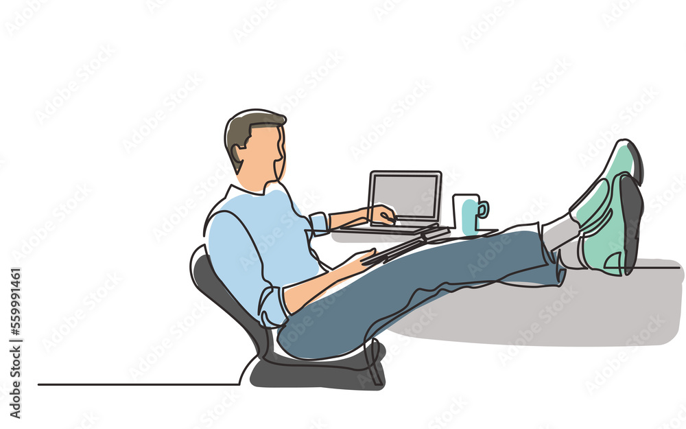 continuous line drawing young man sitting with laptop computer feet on ...