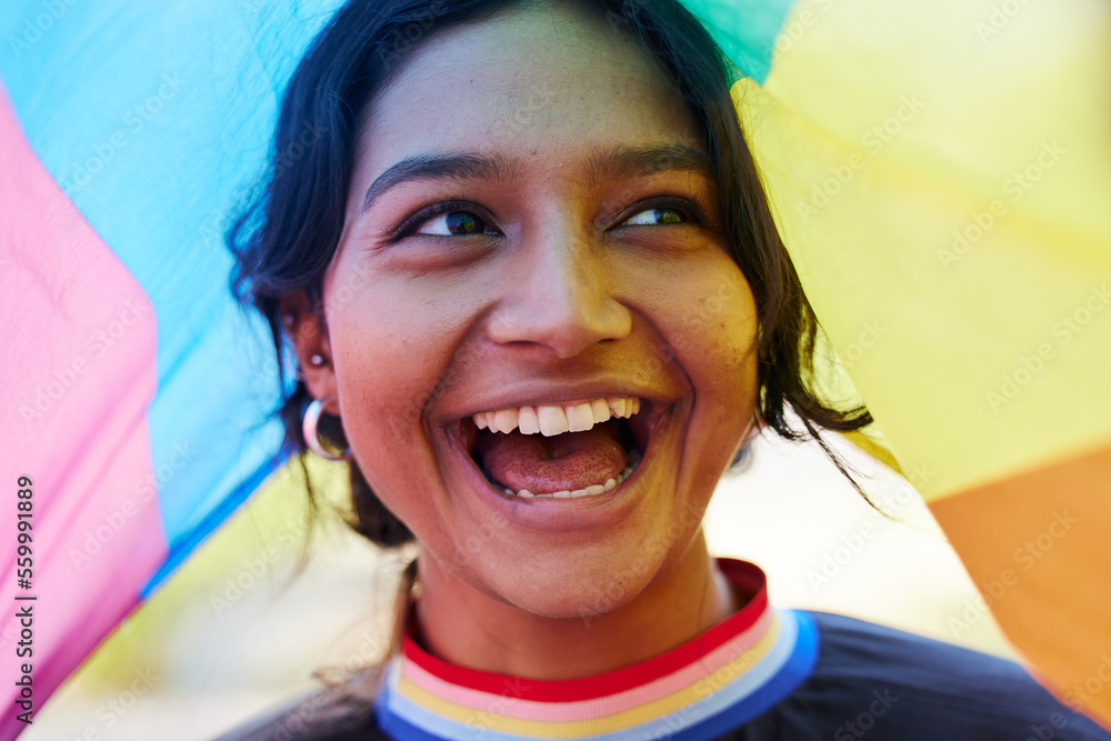 Rainbow, flag and lgbt with an indian woman in celebration of gay pride ...