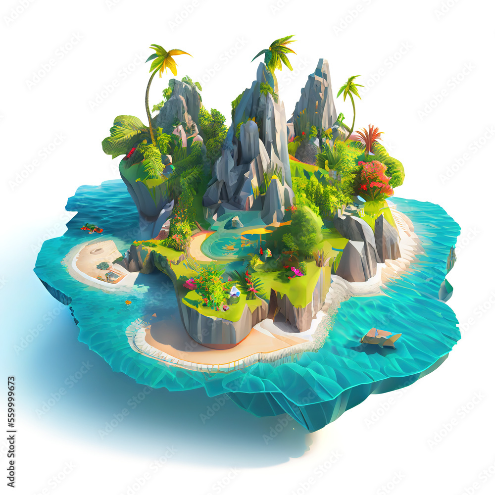 Beautiful cartoon island with palm trees surrounded by blue sea water ...