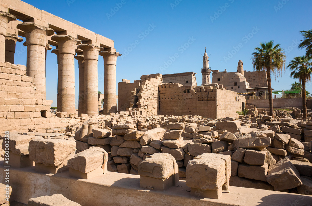 Luxor temple open air museum exposition of stones of ancient ruins next ...