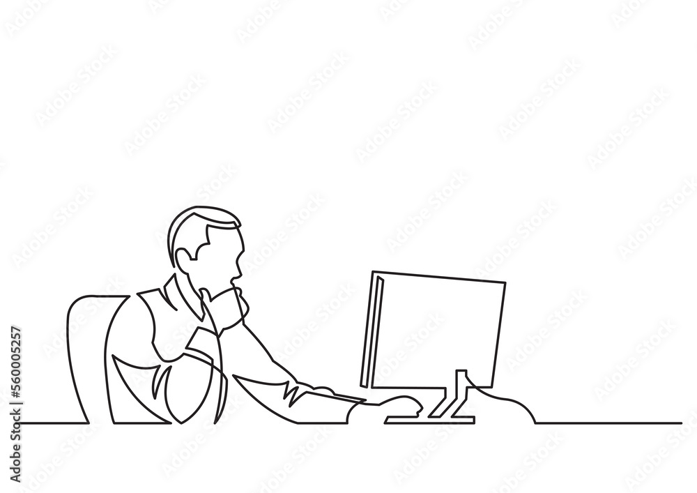 continuous line drawing businessman working behind computer - PNG image ...