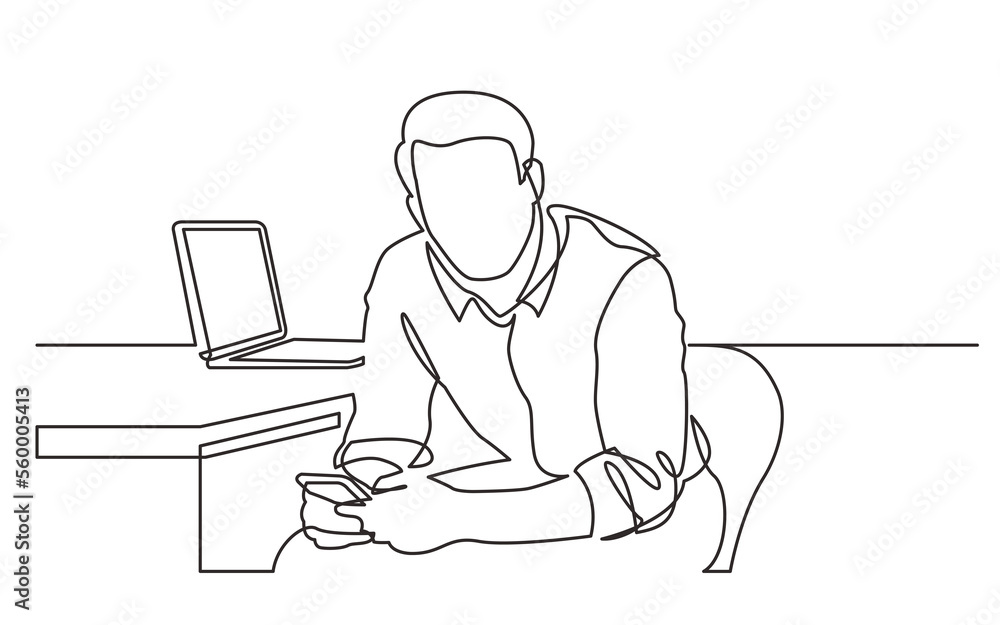 continuous line drawing man sitting reading his mobile phone - PNG ...