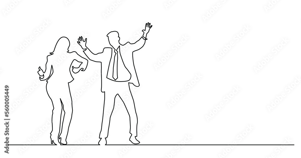 continuous line drawing of couple of happy successful business people ...