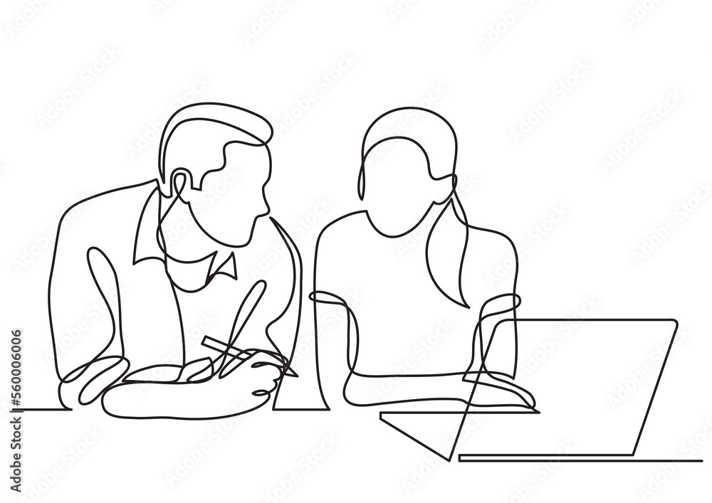 continuous line drawing two coworkers talking - PNG image with ...