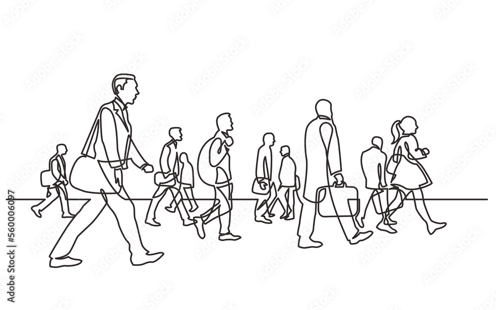 continuous line drawing urban commuters walking on city street - PNG ...