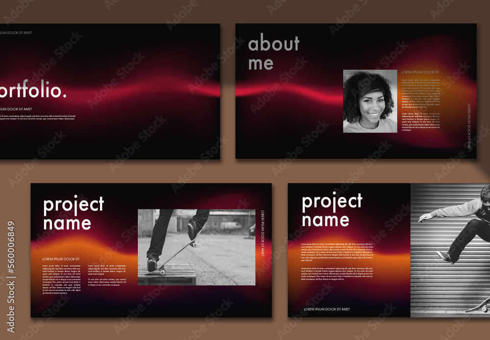 Dark Coloured Portfolio with Red Gradient Stock Template | Adobe Stock