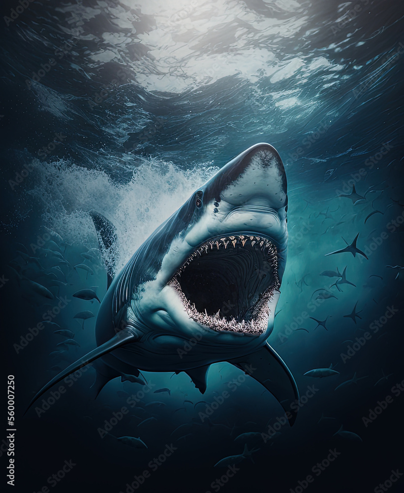 Shark underwater hunting for fish, an illustration created with ...