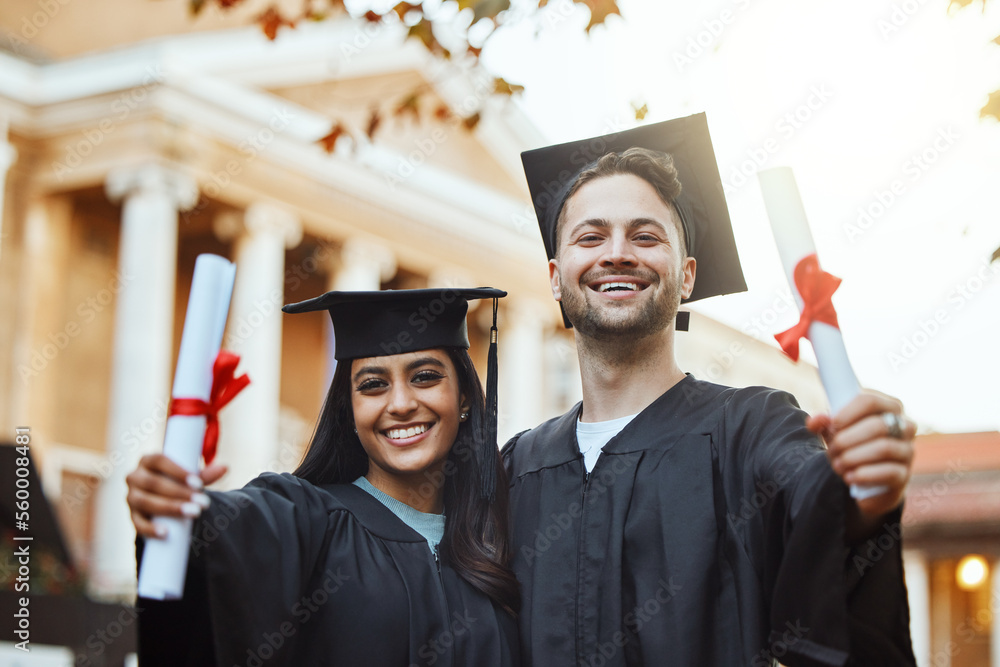 Education, graduation and celebration, portrait of students with ...