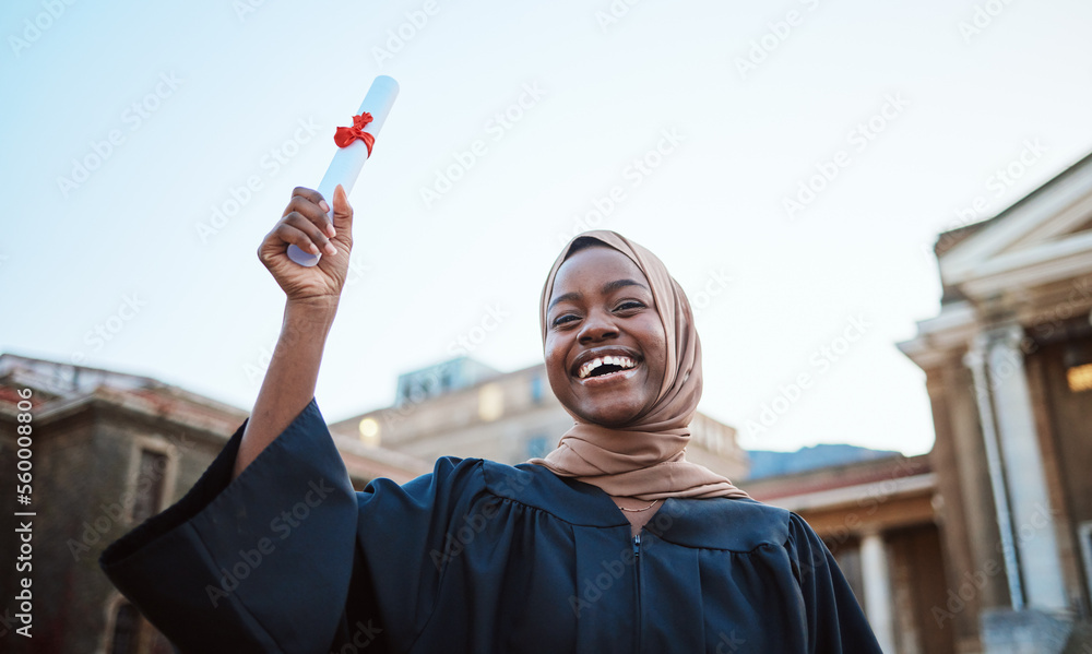 Education, graduation and portrait of Muslim woman at university ...