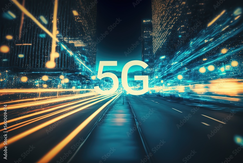 5G word on circuit board with blue and yellow neon light trail glow in ...