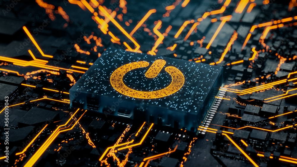 Activate Technology Concept with power symbol on a Microchip. Data ...