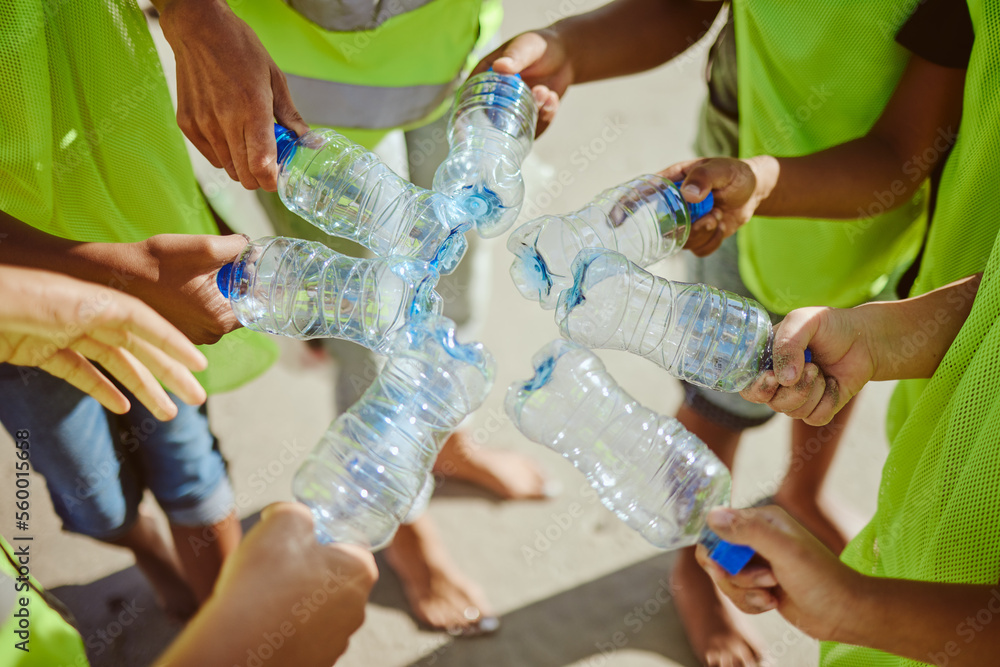 Hands group, circle and plastic bottles in beach waste management ...