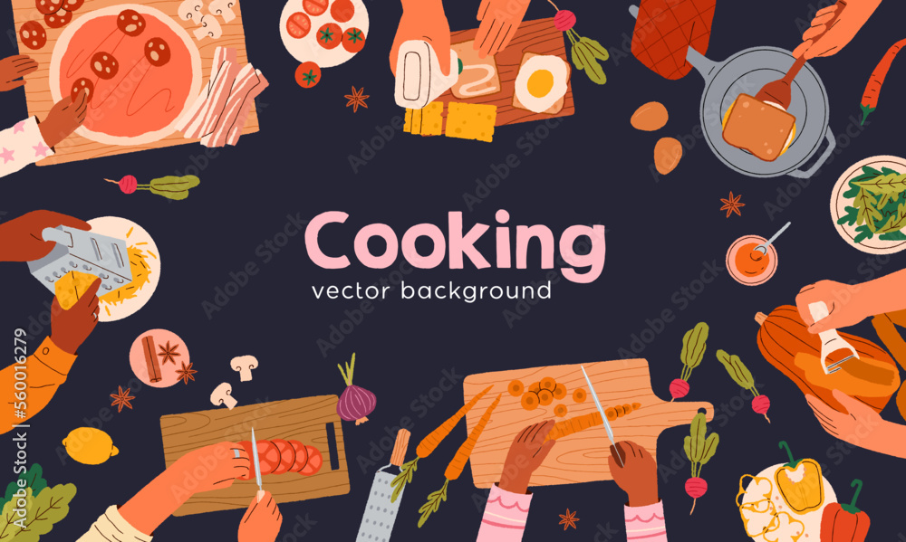 Cooking process top view, ad background. Chefs hands cook meal. Dish ... Cooking process top view, ad background. Chefs hands cook meal. Dish ...