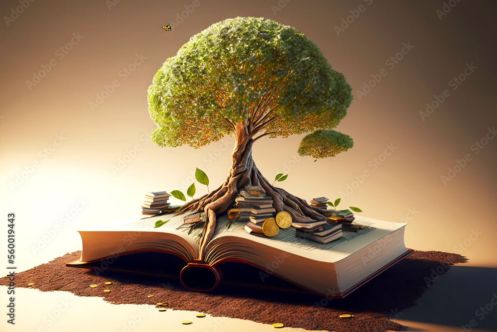 money tree with falling leaves growing from book spread Stock ...