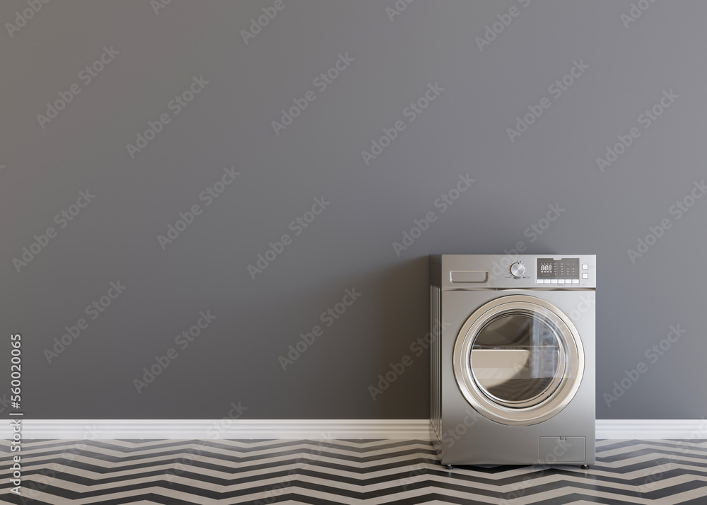 Washing machine standing in empty room. Copy space for text or other ...