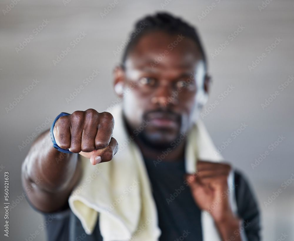 Fist, boxer and martial arts with black man and fitness, sports and ...