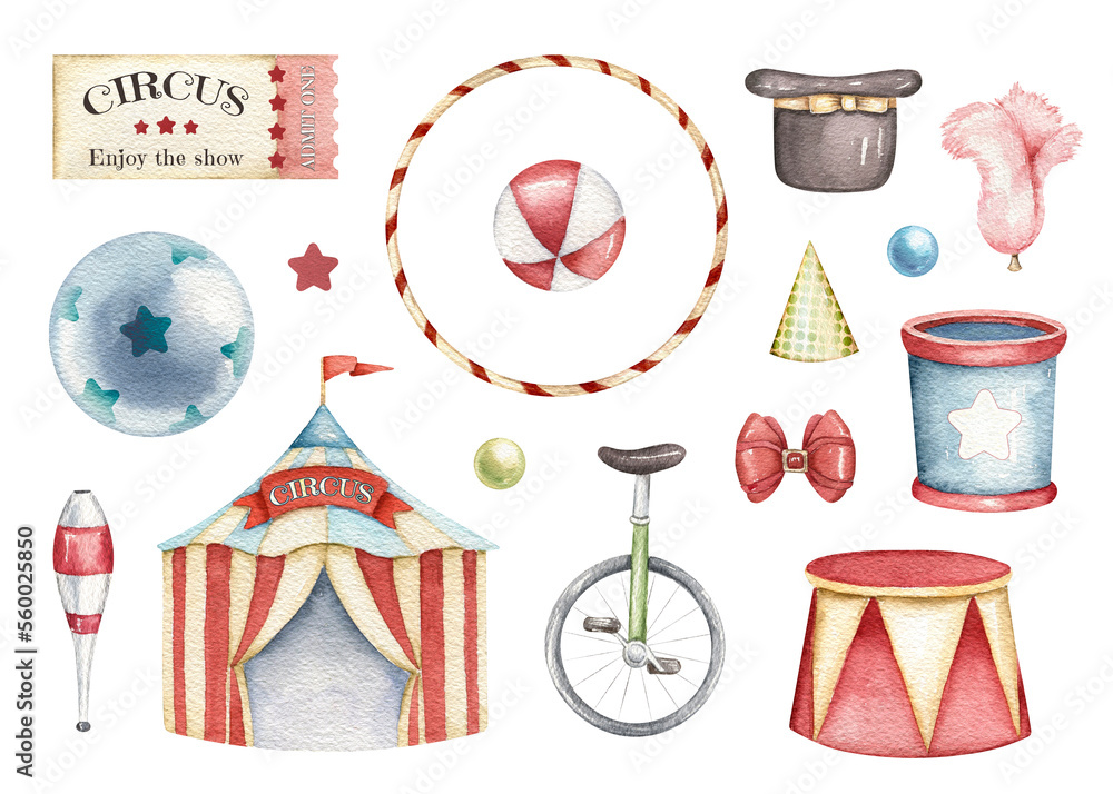 Circus props watercolor illustration. Retro clipart on white background ...