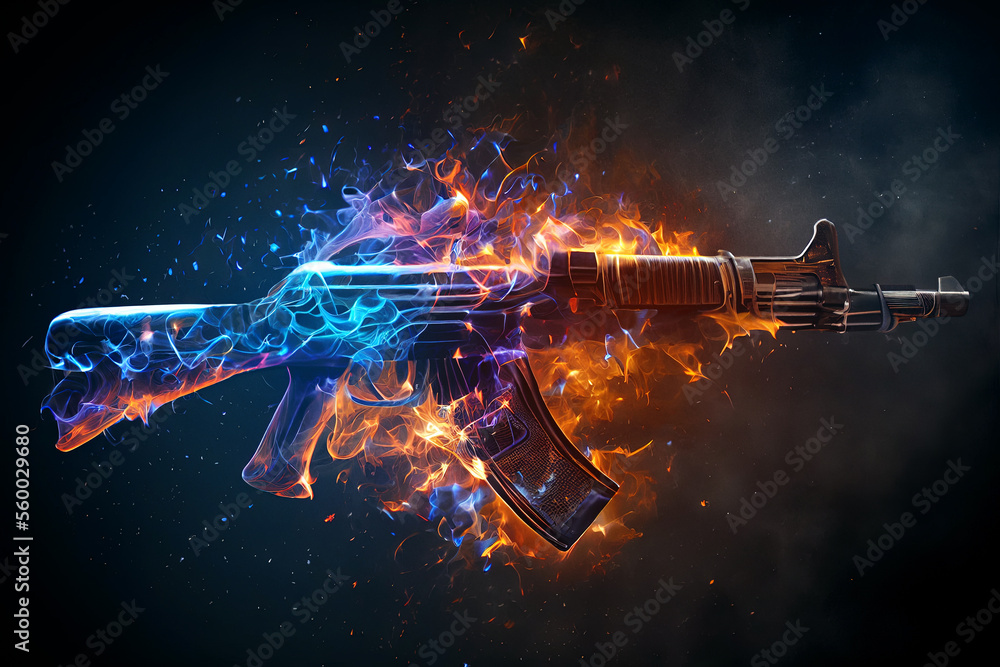 Burning AK-47 assault rifle made of fire, smoke and sparks on black ...