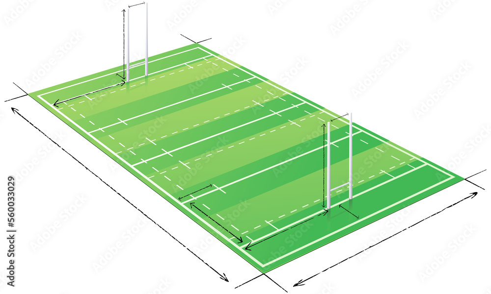 Rugby pitch in 3D with its marking and arrows drawn with pencils ...