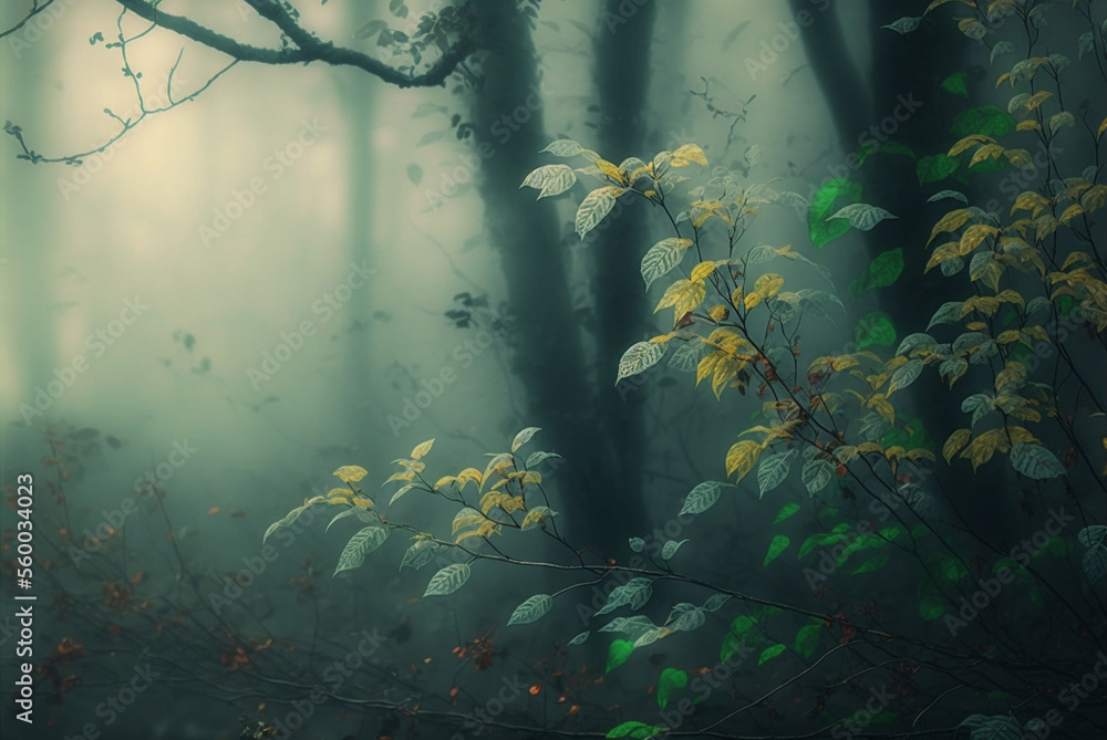 Dense fog engulfs a secluded forest, creating an ethereal atmosphere. AI-Assisted Image Stock ...