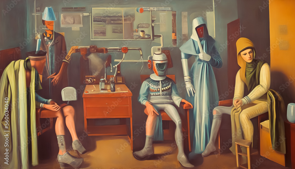 The abstract painting depicts medical procedures, with bold lines and ...