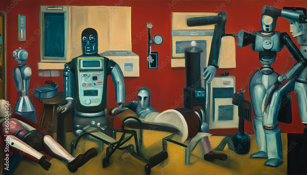 The abstract painting depicts medical procedures, with bold lines and ...
