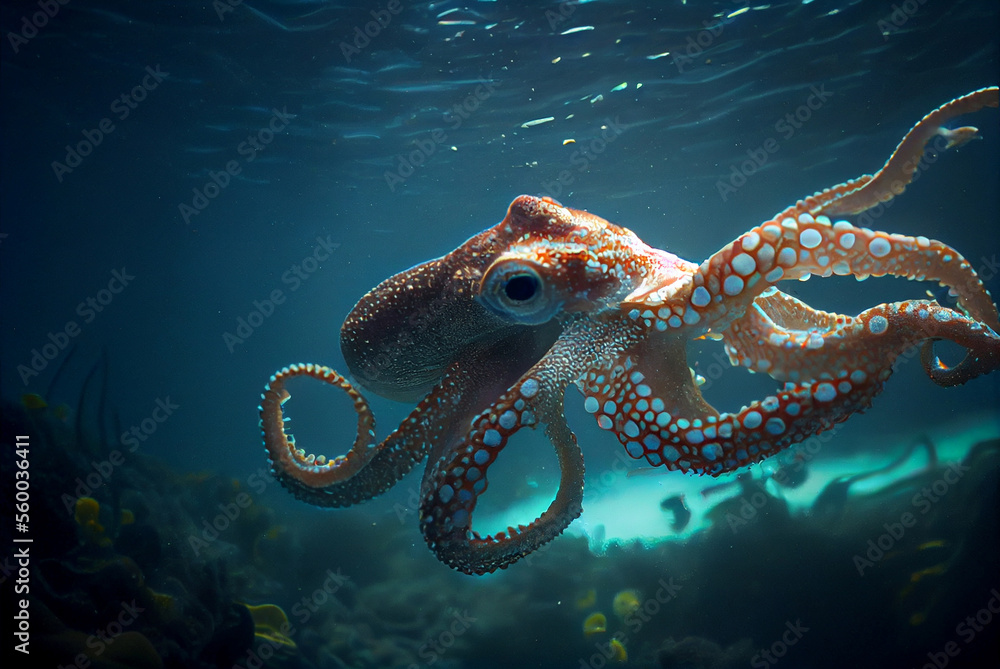 Octopus swimming in vibrant blue-green water. AI-Assisted Image. Stock ...