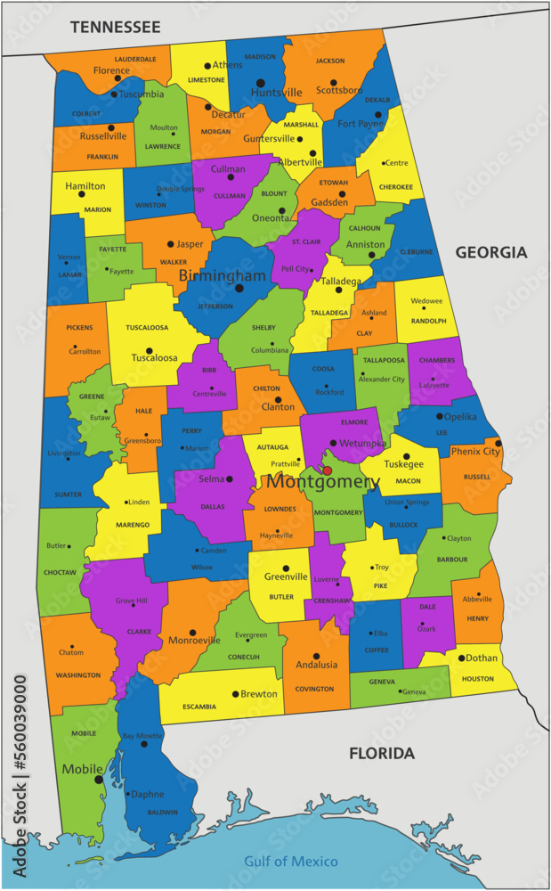 Colorful Alabama political map with clearly labeled, separated layers ...