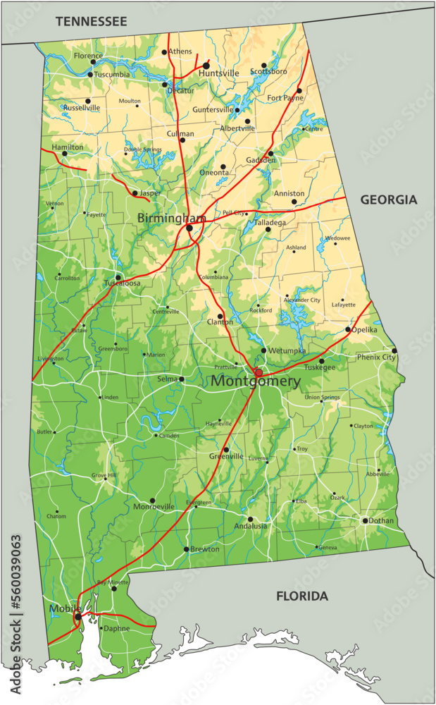 High detailed Alabama physical map with labeling. Stock Vector | Adobe ...