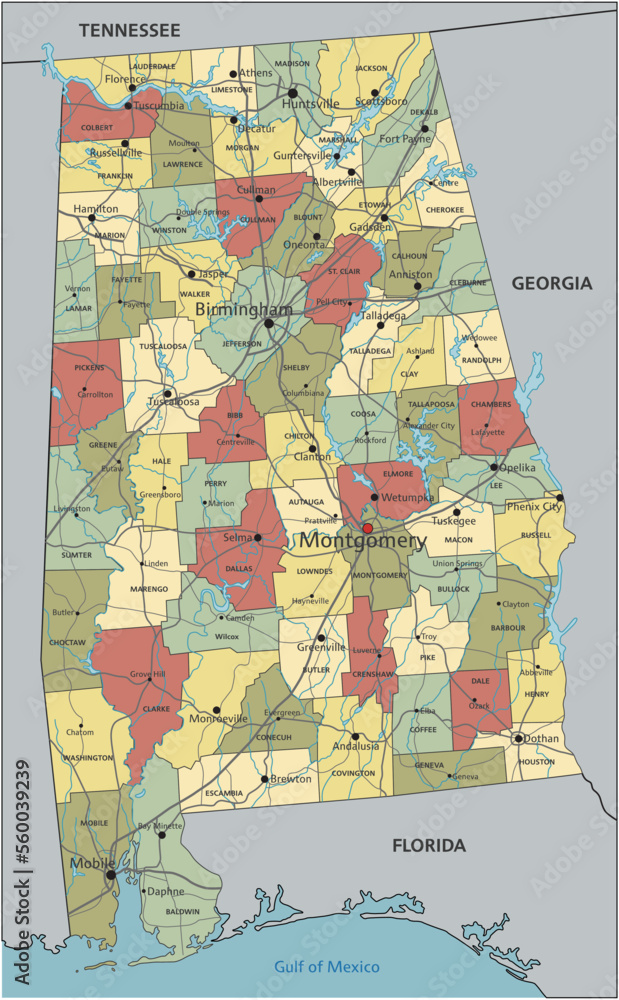 Alabama - Highly detailed editable political map with labeling. Stock ...