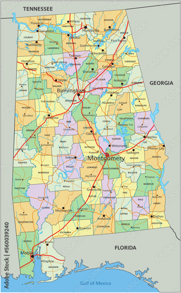 Alabama - Highly detailed editable political map with labeling. Stock ...