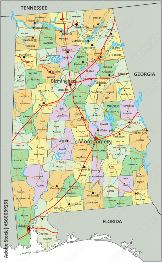 Alabama - Highly detailed editable political map with labeling. Stock ...