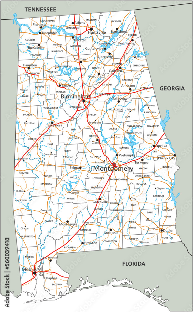 High detailed Alabama road map with labeling. Stock Vector | Adobe Stock