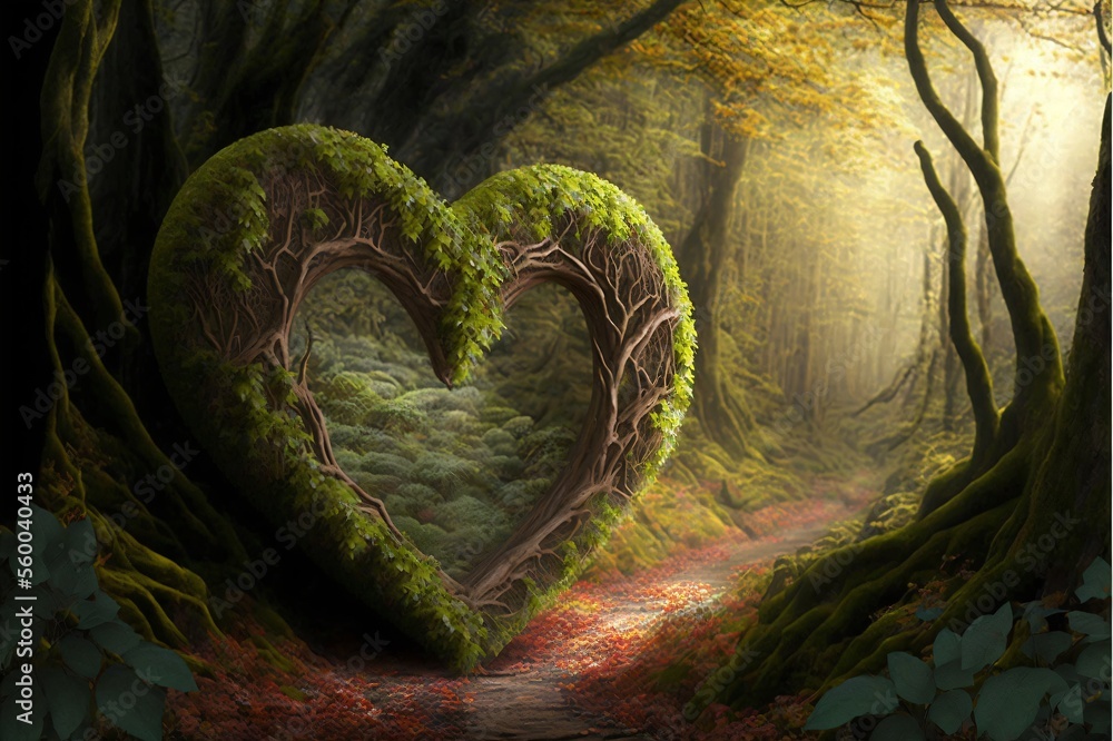 beautiful forest landscape scene with a big heart with floral elements ...