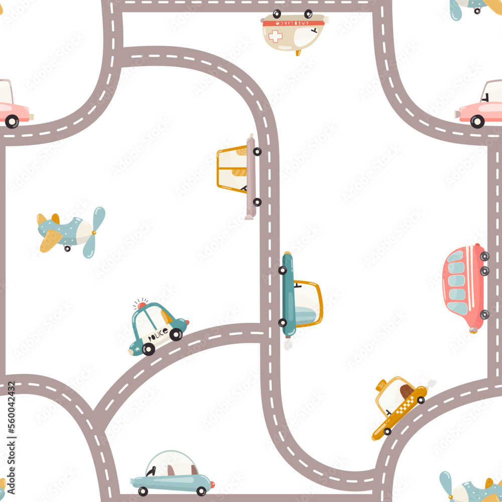 Roads Kids Seamless Pattern with Cartoon Cars. Vector Illustration ...