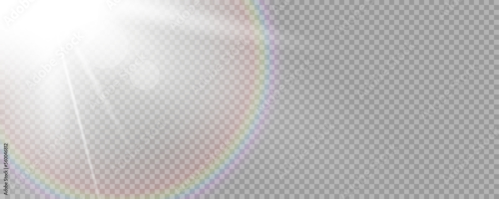 Shining sun glare rays, lens flare vector illustration with a rainbow ...