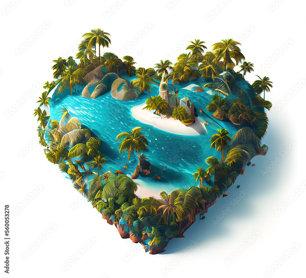 Heart shaped tropical island isolated on white background with ...