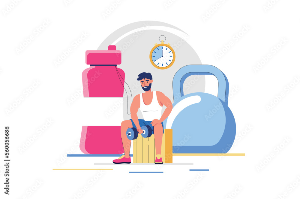 Fitness at gym concept with people scene in flat design. Man ...