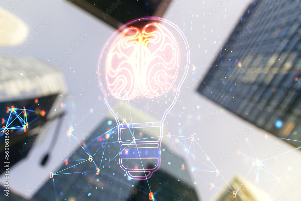 Abstract virtual idea concept with light bulb and human brain ...