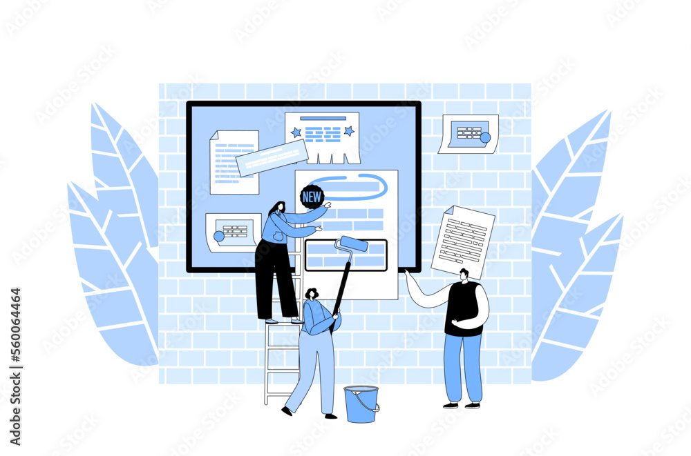 Billposters Sticking Paper Advertisement On Bulletin Board. Male Female ...