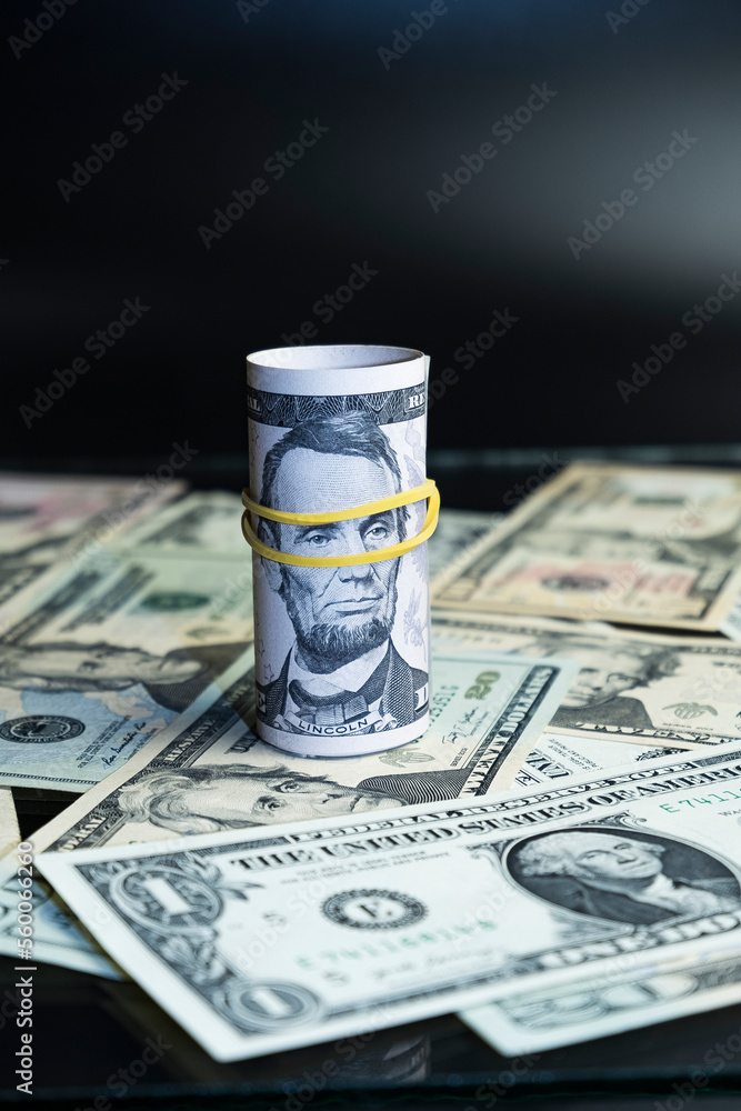 Banknotes of 5 US dollars, Stacks of money from a banknote of 5 dollars ...